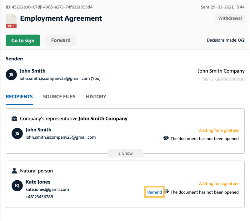 Can I send a reminder about a requirement to initial the document?