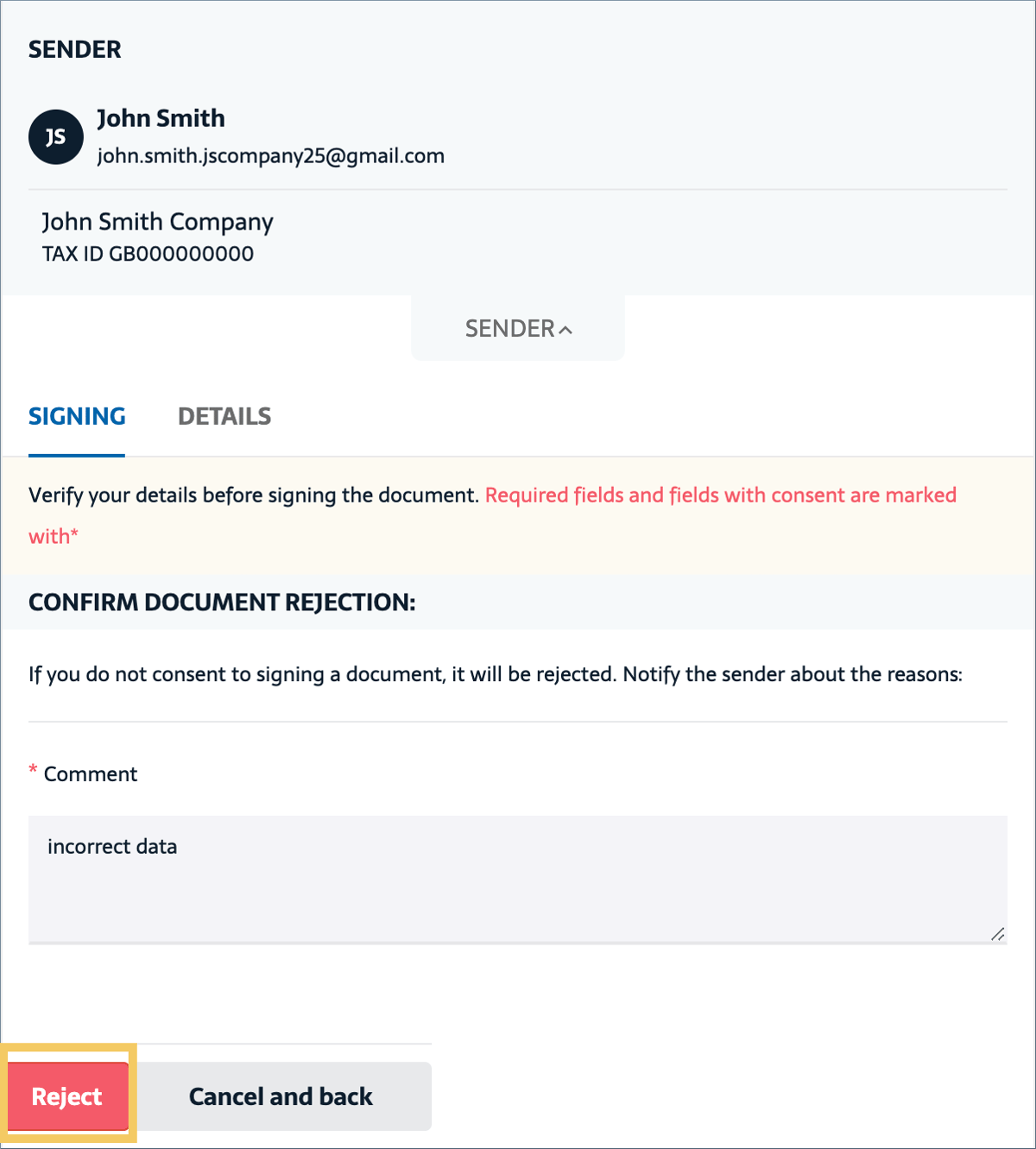 How to reject a document?