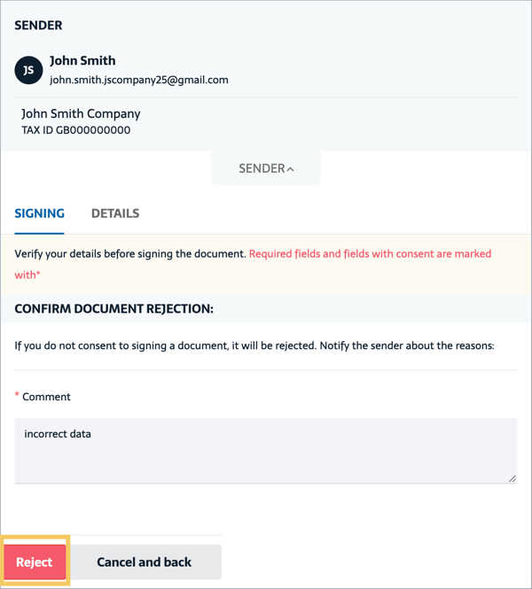 How to reject a document?